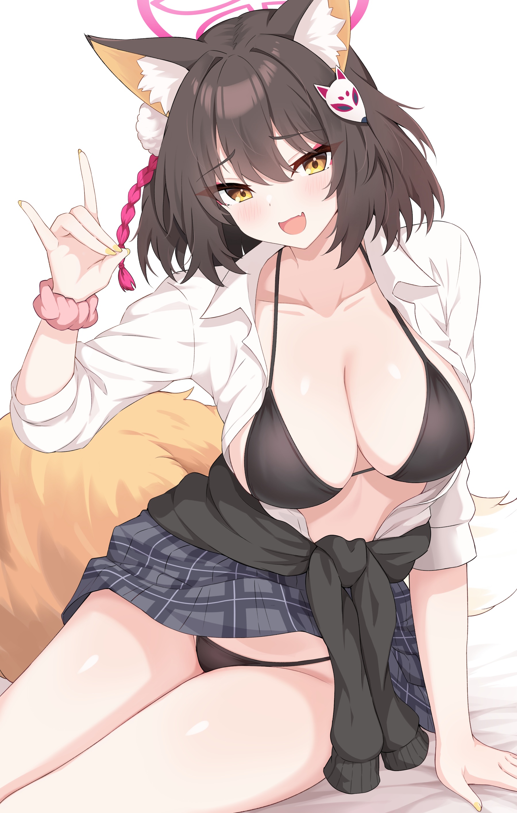 enru blue archive kuda izuna animal ears bikini halo kitsune open shirt seifuku skirt lift ...